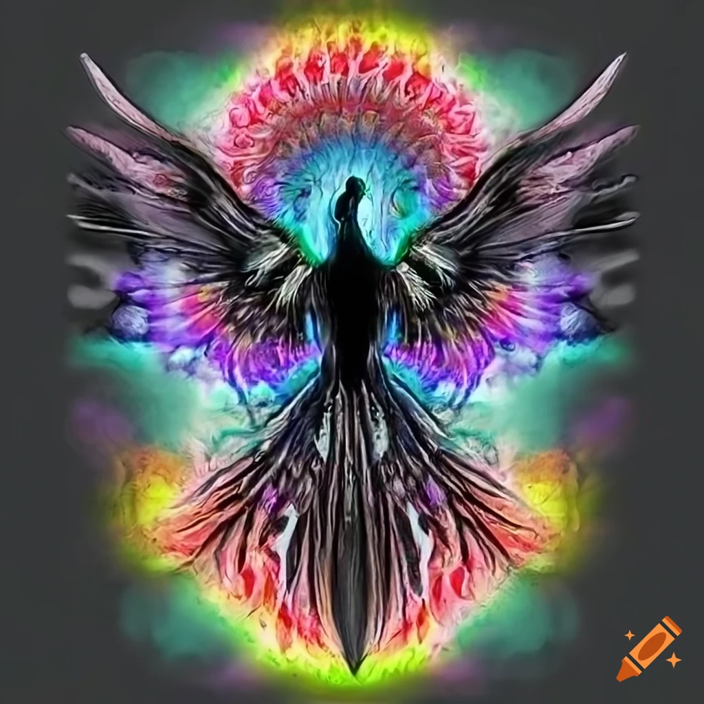 A symmetric phoenix with rainbow colors and fire with a black circular ...