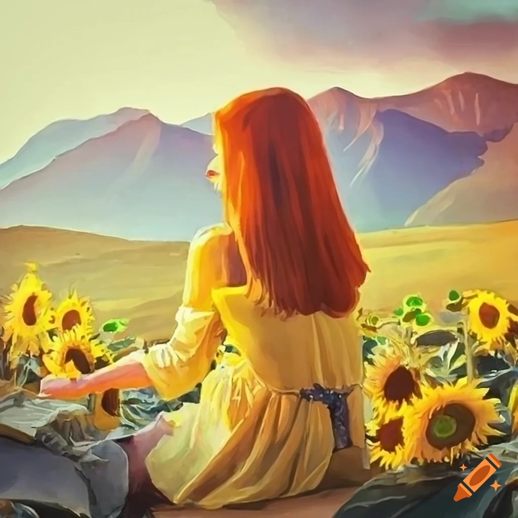 Beautiful Ginger Haired Women Looking Away In A Yellow Dress Sitting