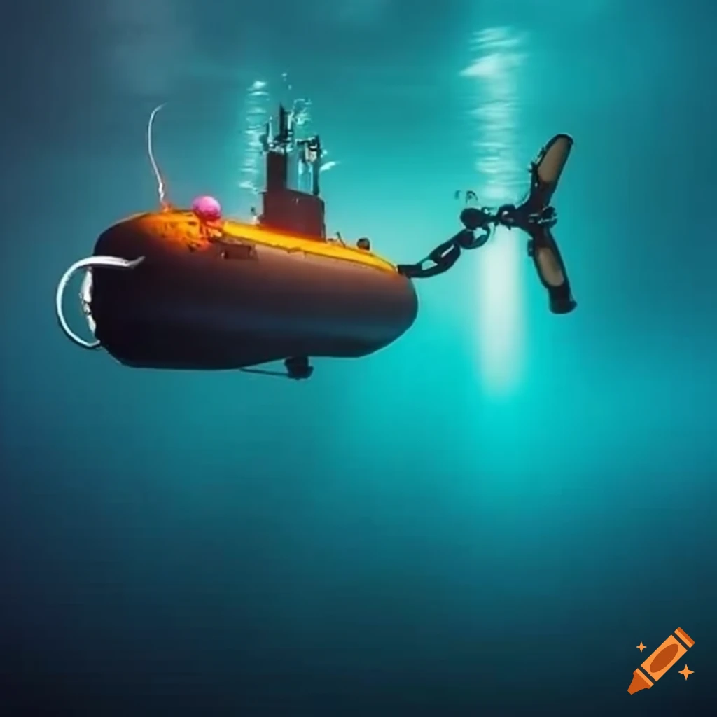 A submarine robot with manipulator, which is a robotic arm, in the sea ...