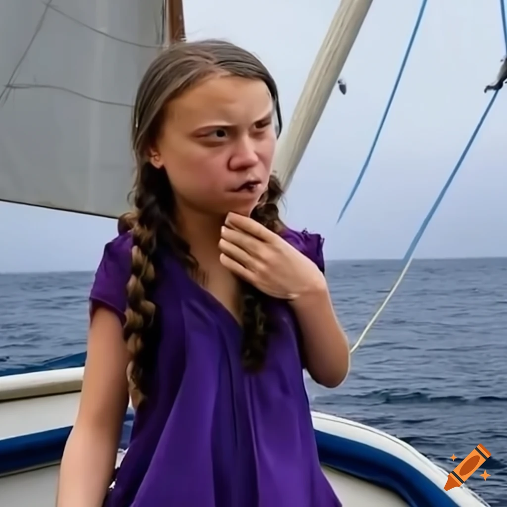 Greta thunberg in a sailboat during a thunderstorm crying on Craiyon