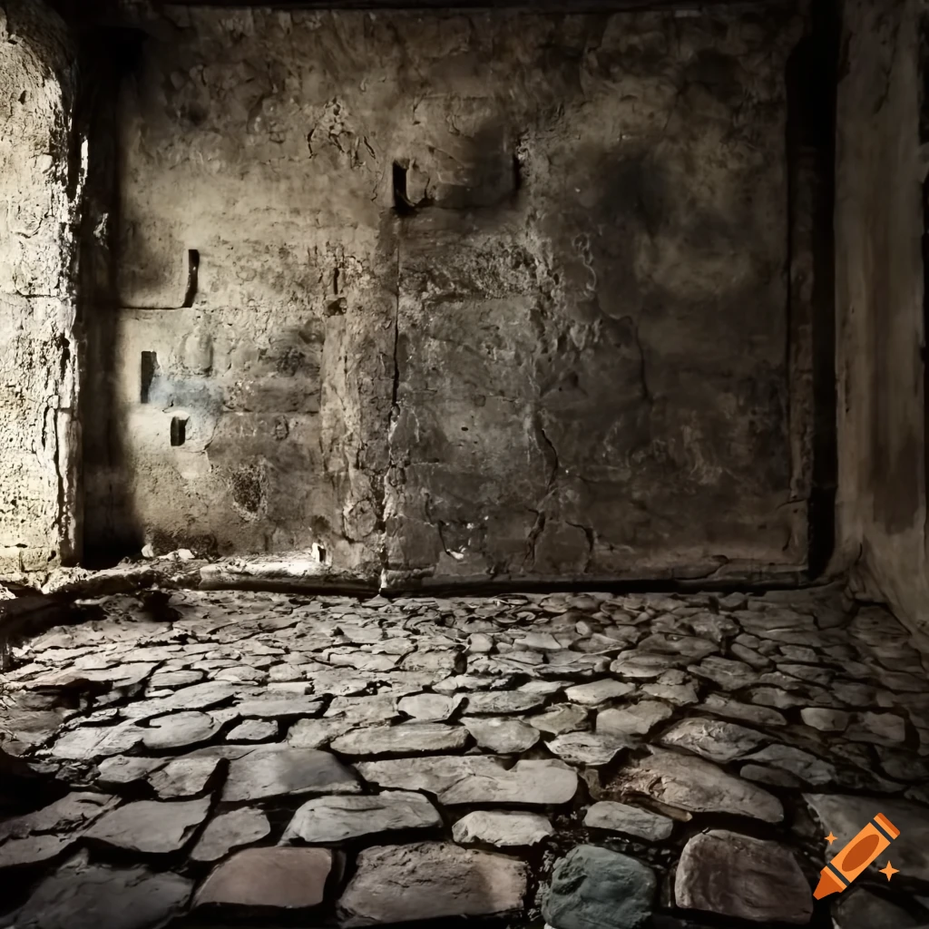 Large, concrete dungeon room with cobblestone floor and chains, high ...