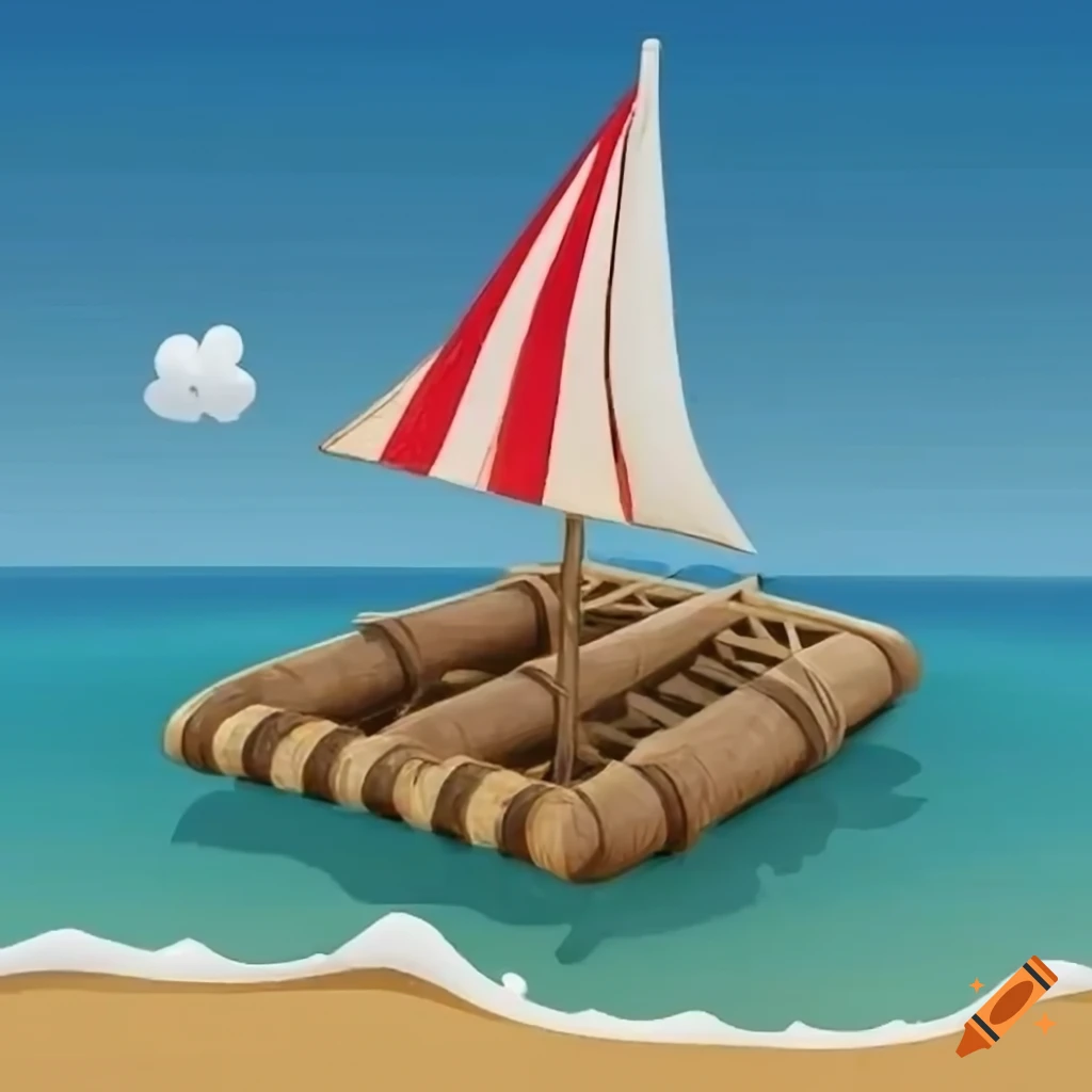 A raft of wooden planks with a sail on a beach in a cartoon rendering