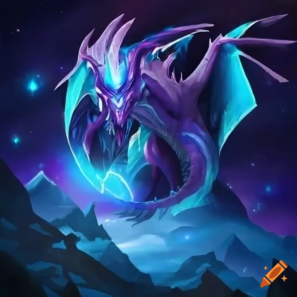 Big blue cosmic dragon on top of a mountain, Legends of runeterra art ...