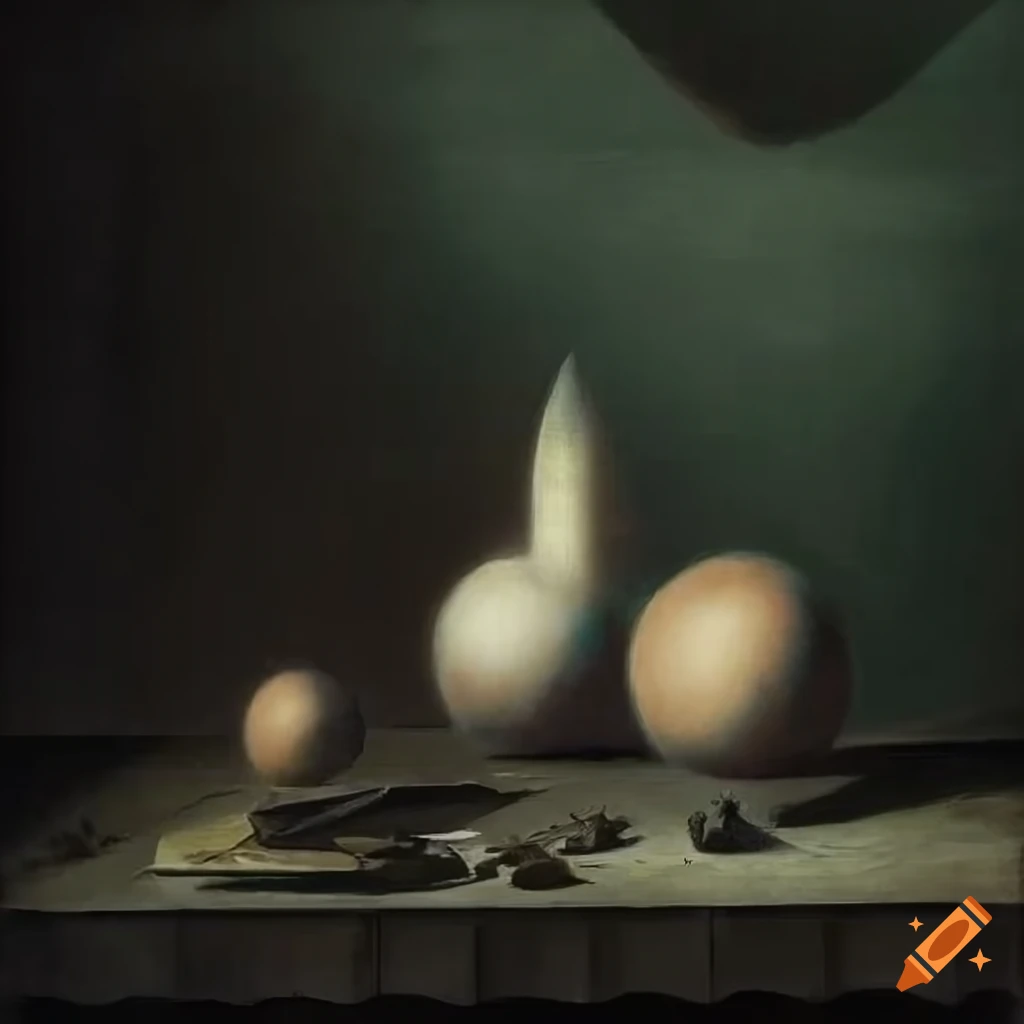 A dark, eerie still life (in a mix of perspectives akin to minimalist ...