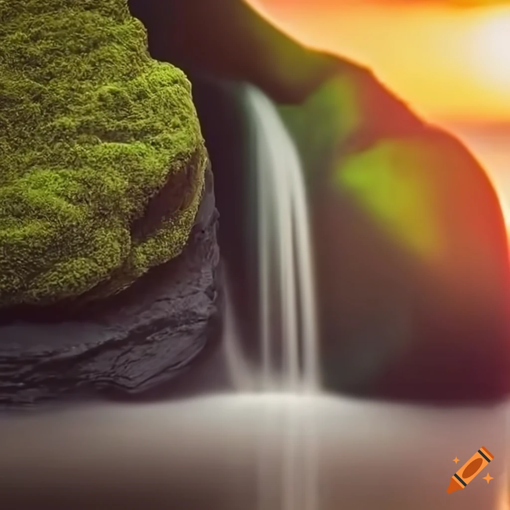 Realistic miniature waterfall trickling down mossy rock on the beach at ...