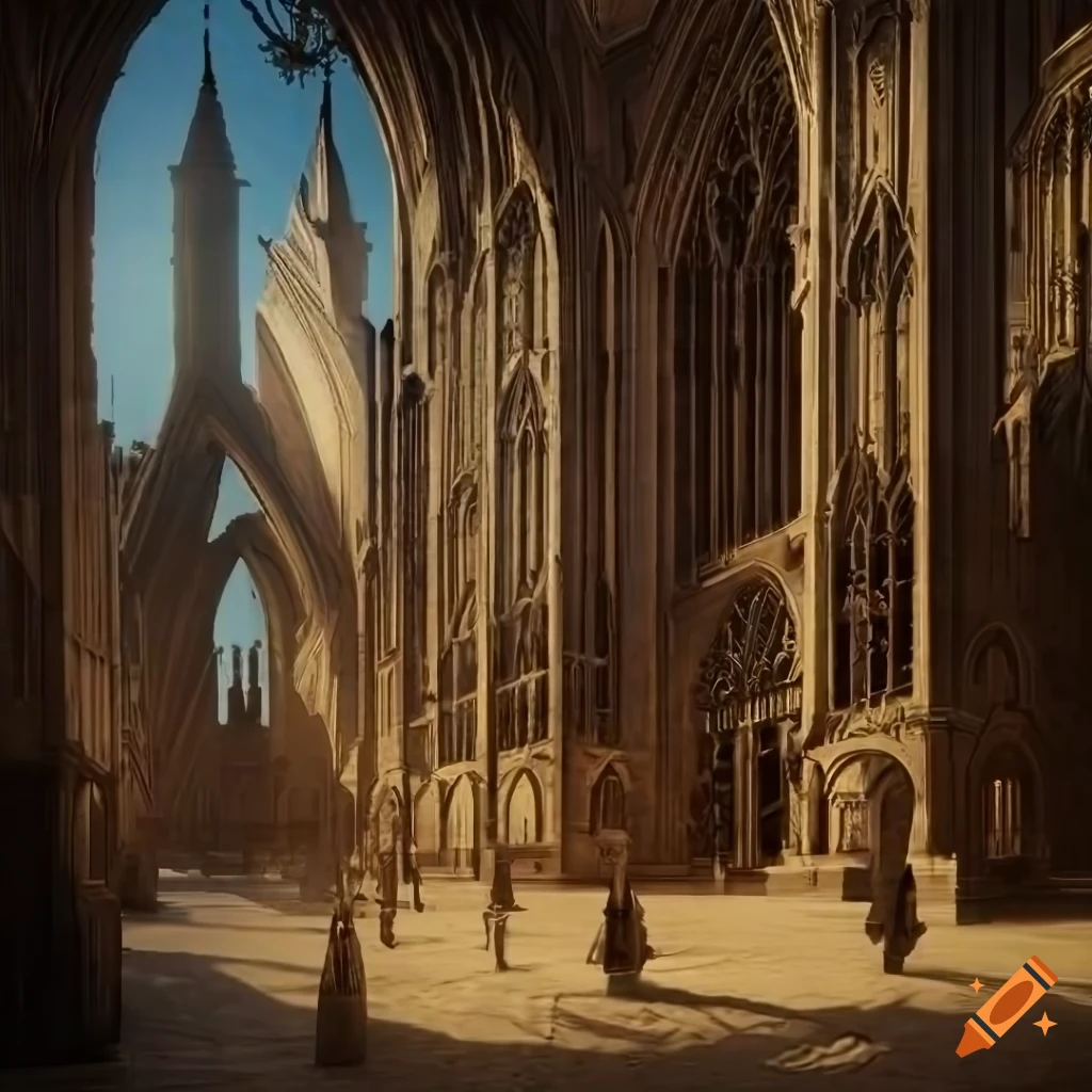 Al antic european gothic city inside a white granite canyon bathed in ...