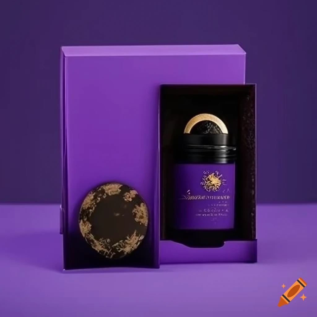 Purple packaging box with celestial sun and moon design for eclipse ...