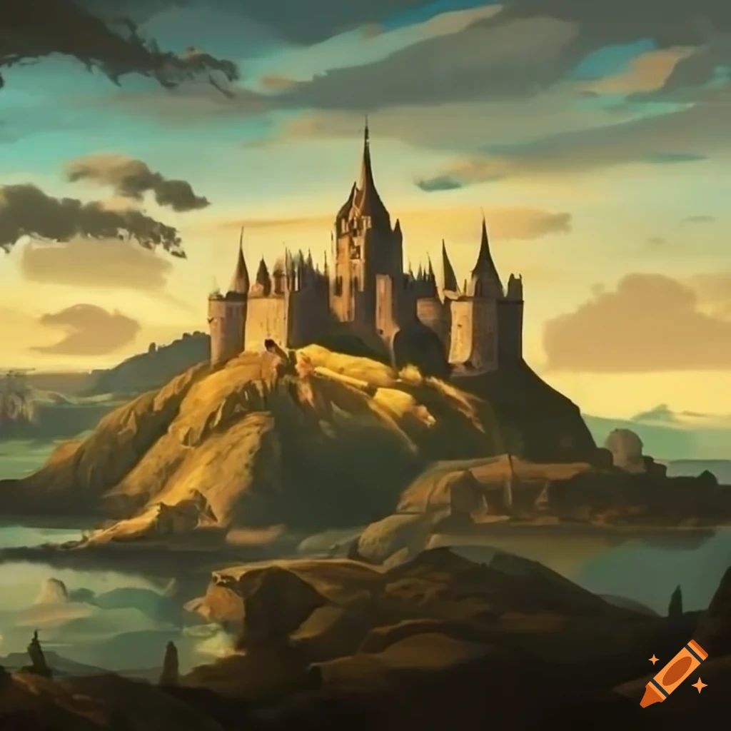 A gigantic fortress surrounded by hills and a river flowing past the ...