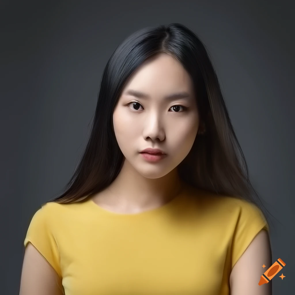 A photo portrait of a asian female supermodel wearing yellow t-shirt ...