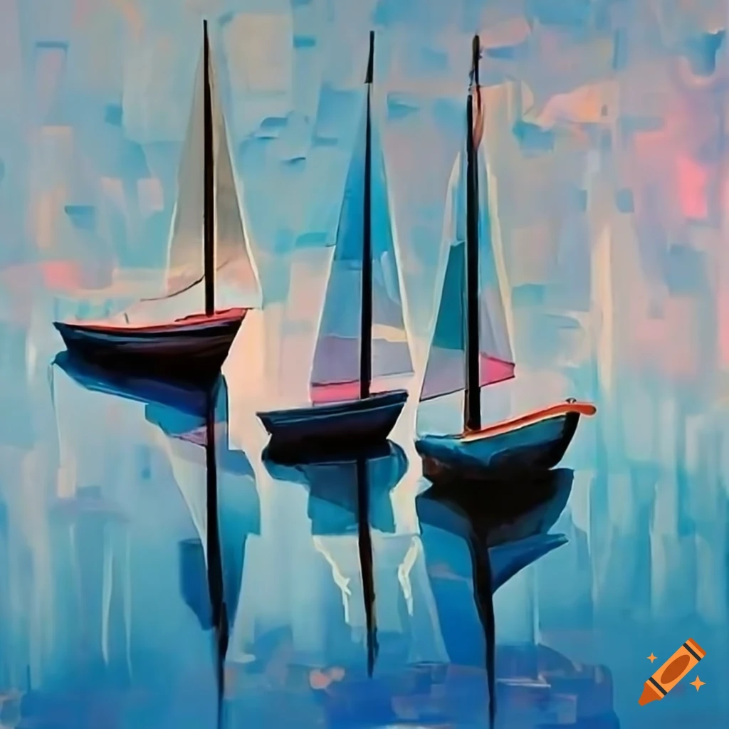 Abstract cubist entropy box reflections water three sailboats on Craiyon
