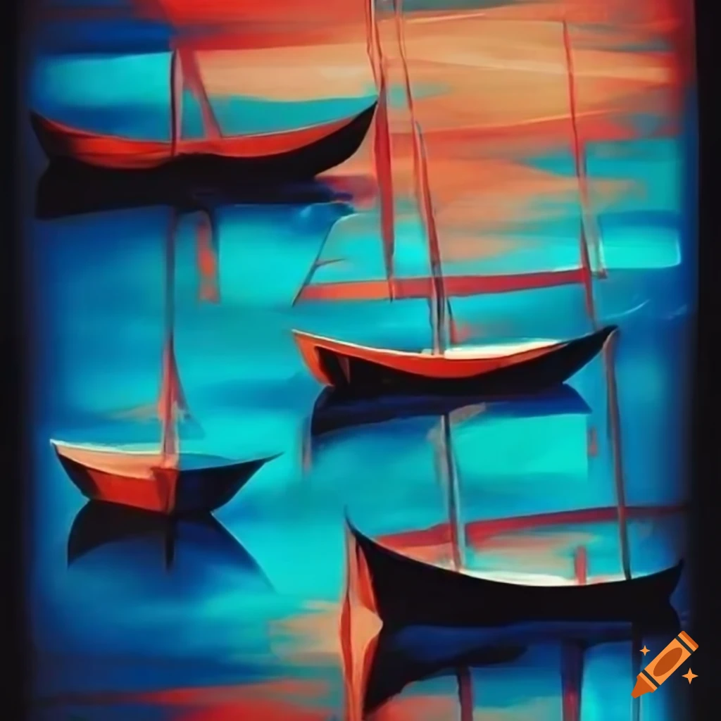 Abstract cubist entropy box reflections water three sailboats on Craiyon