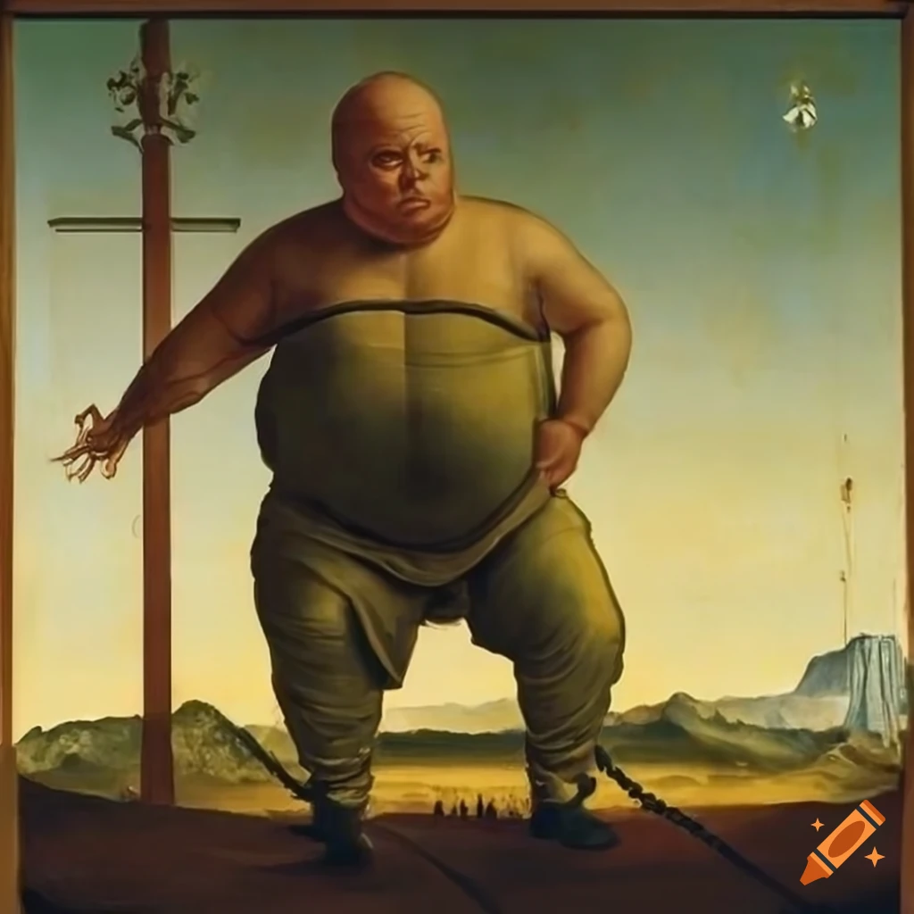 Fat man tightrope walker in green-gold overalls, balancing on rope ...