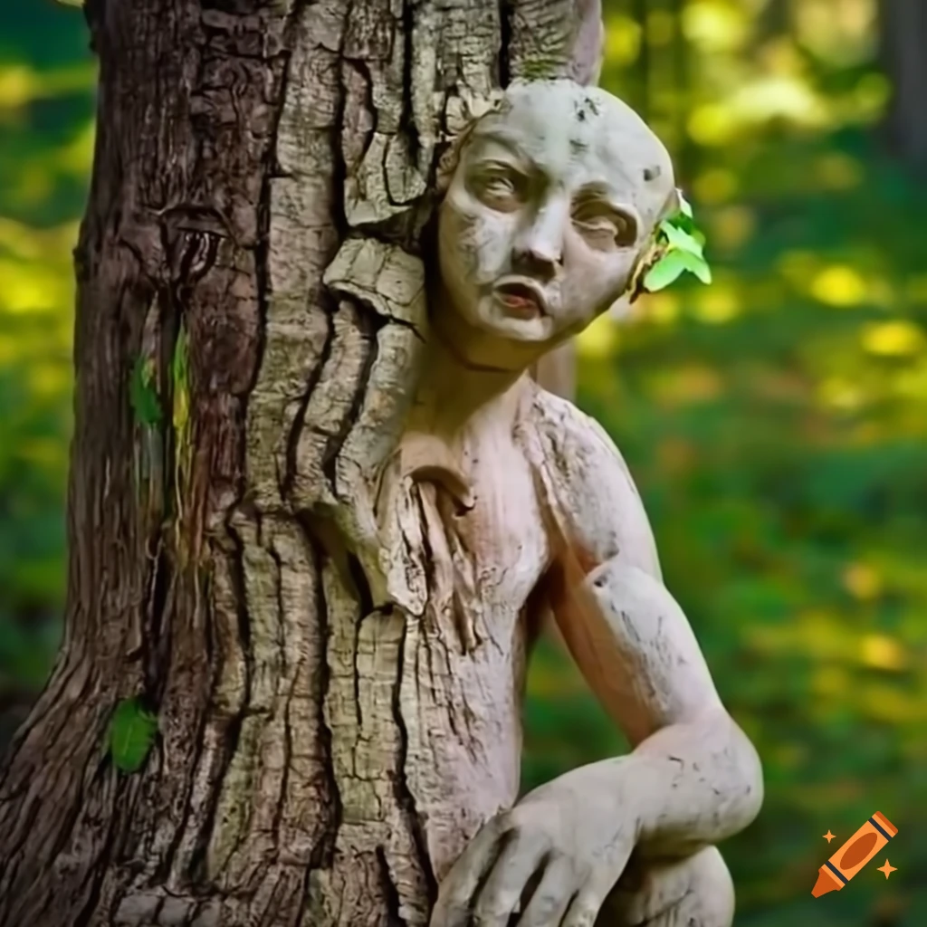 An ancient partly broken statue of tree with an androgynous man partly ...