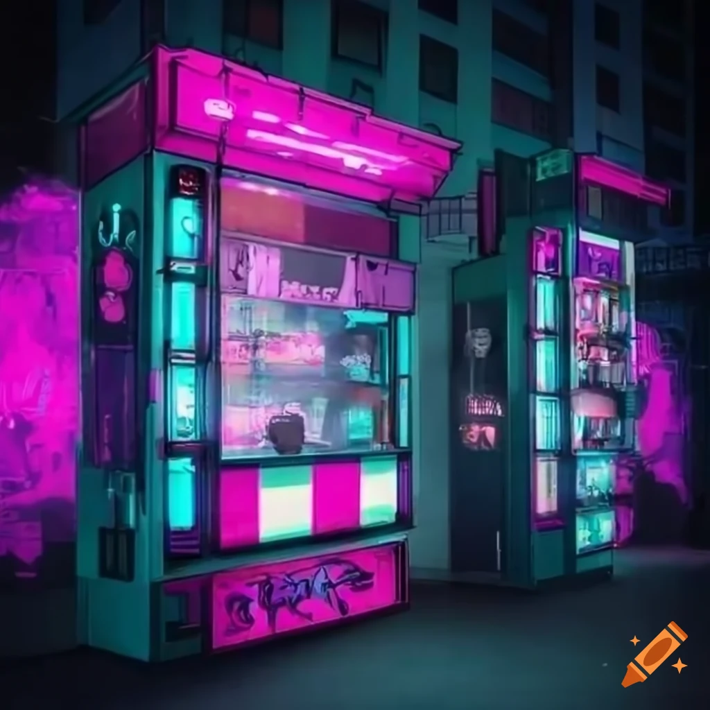 Cyberpunk-themed outdoor vending machine park, key anime visual on Craiyon