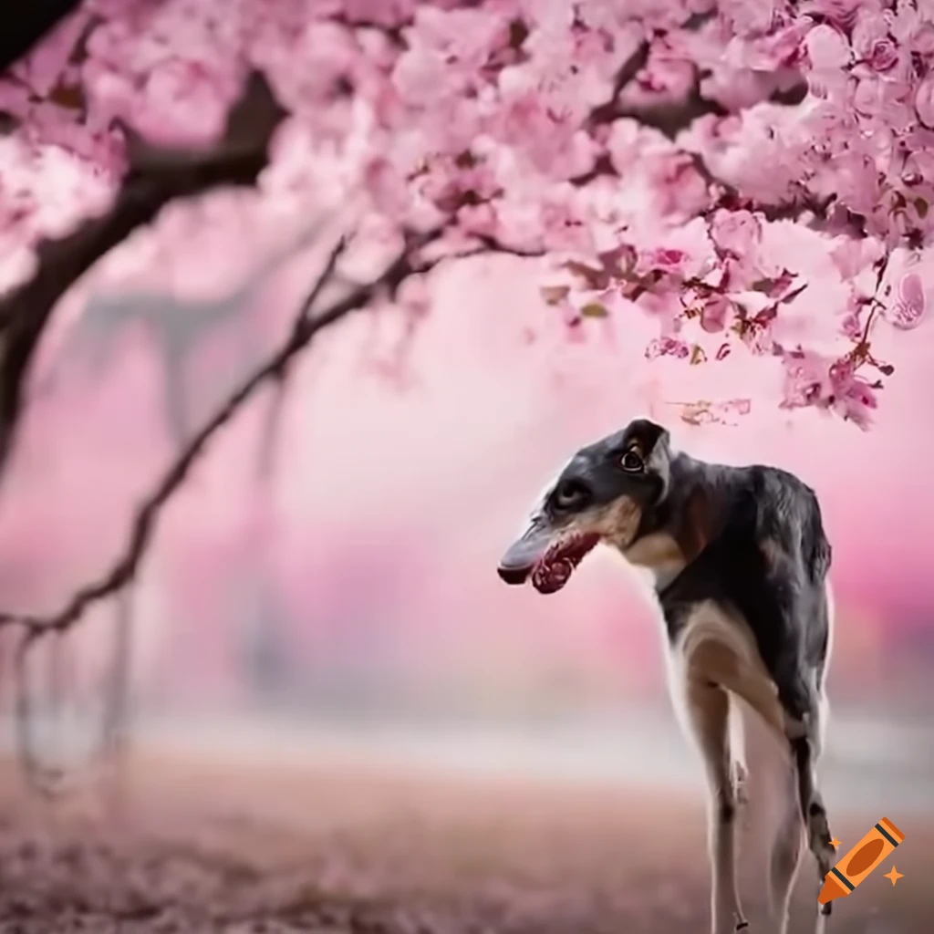 Elegant borzoi dog enjoying cherry blossoms in full bloom