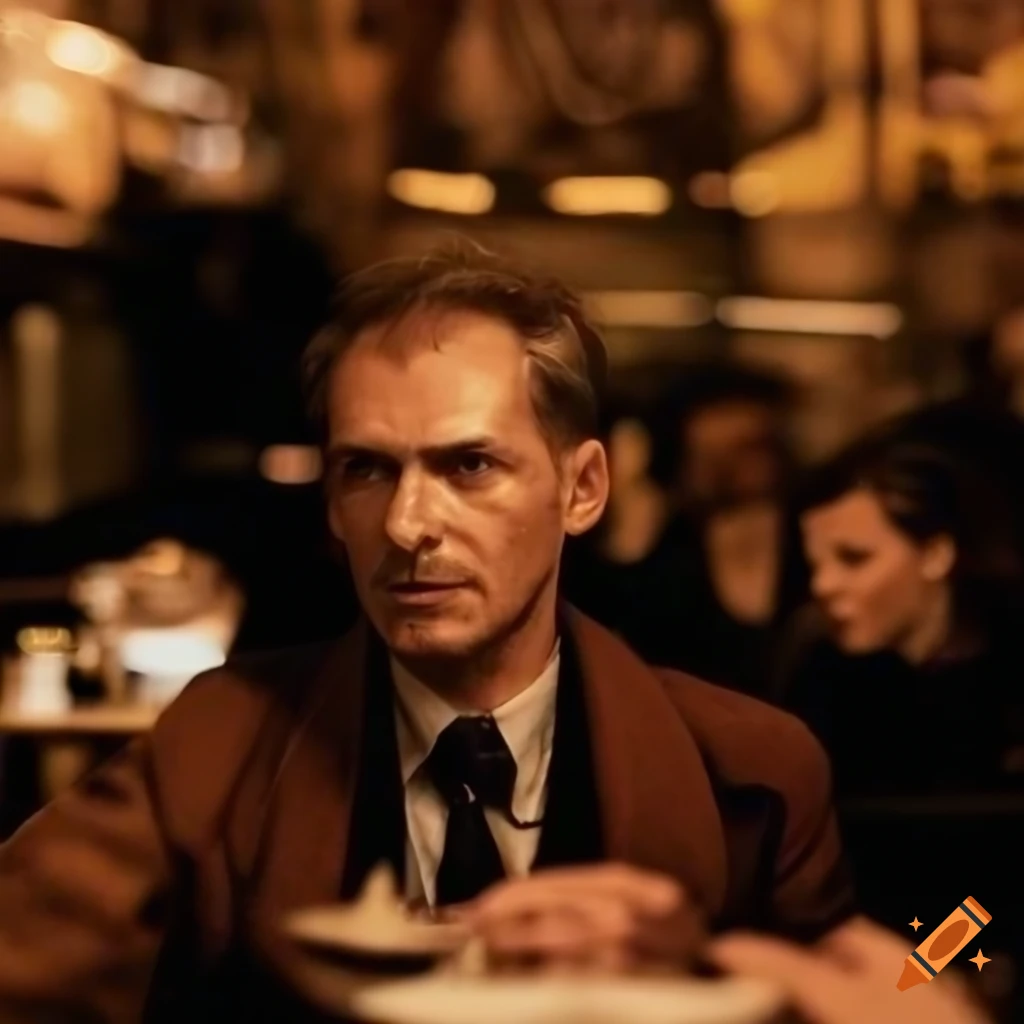 Style of blade runner, actors in a street cafe, one face in focus on ...
