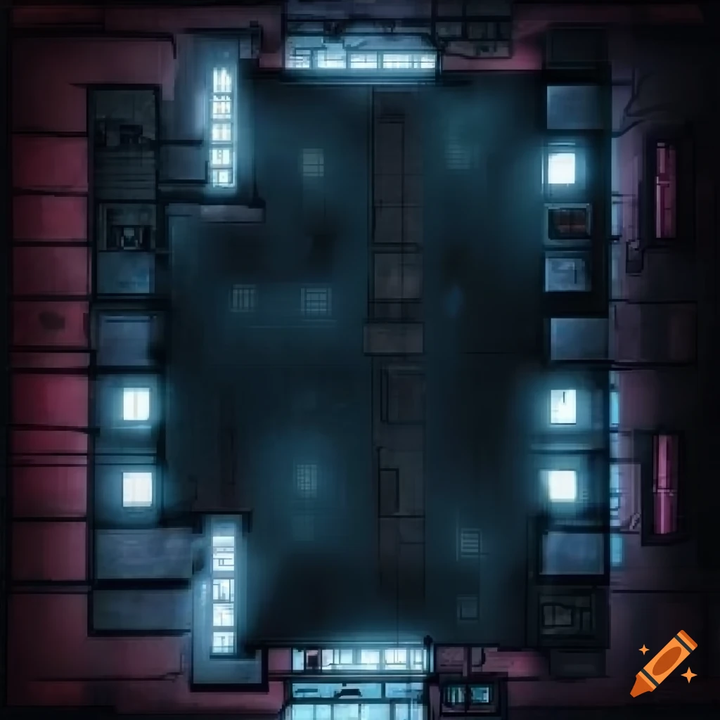 Create a top view map for ttrpg cyberpunkred. it should be an empty ...