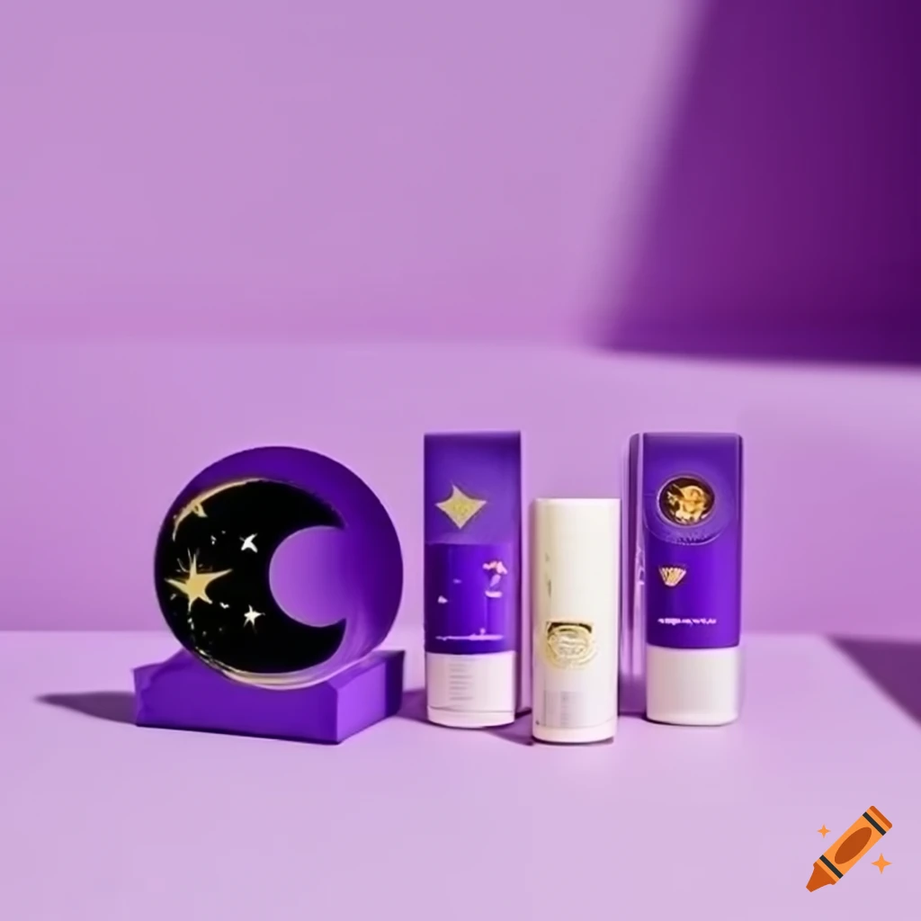 Purple packaging box with celestial sun and moon design for eclipse skincare brand