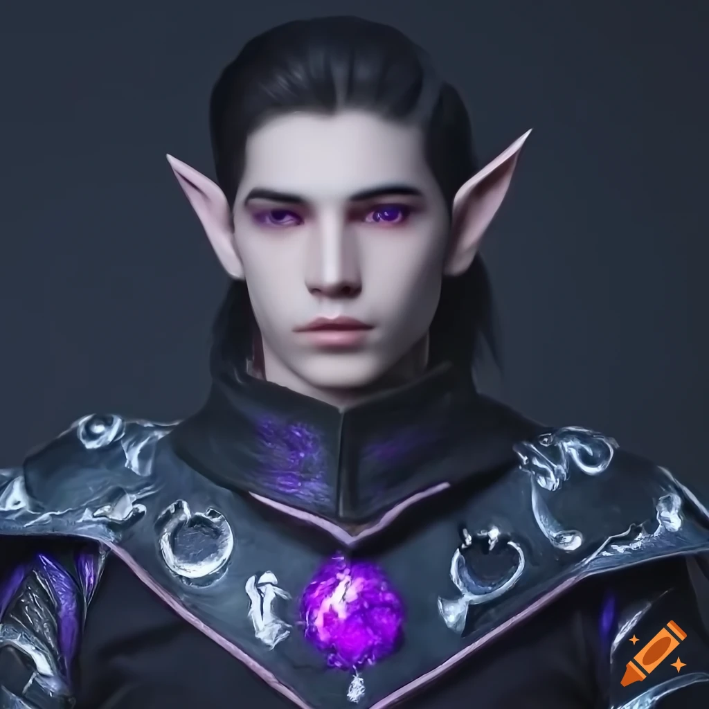 Young male elf, black hair, ghostly white skin, black armor, purple ...