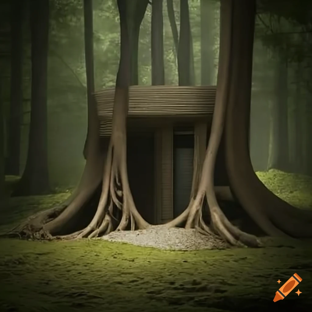 Building made of roots in forest