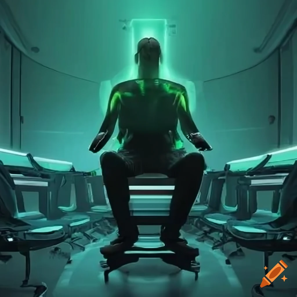 A man sitting in a high-tech electronic chair immersed with cabels ...