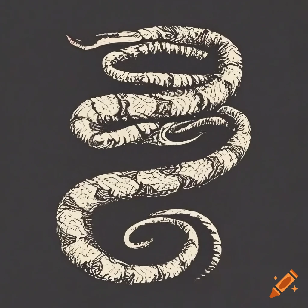 Woodcut lithograph image of serpent, long, coiling body, detailed ...