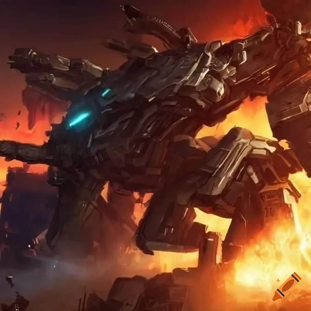 Concept art depicting futuristic battle scene with mechs in motion