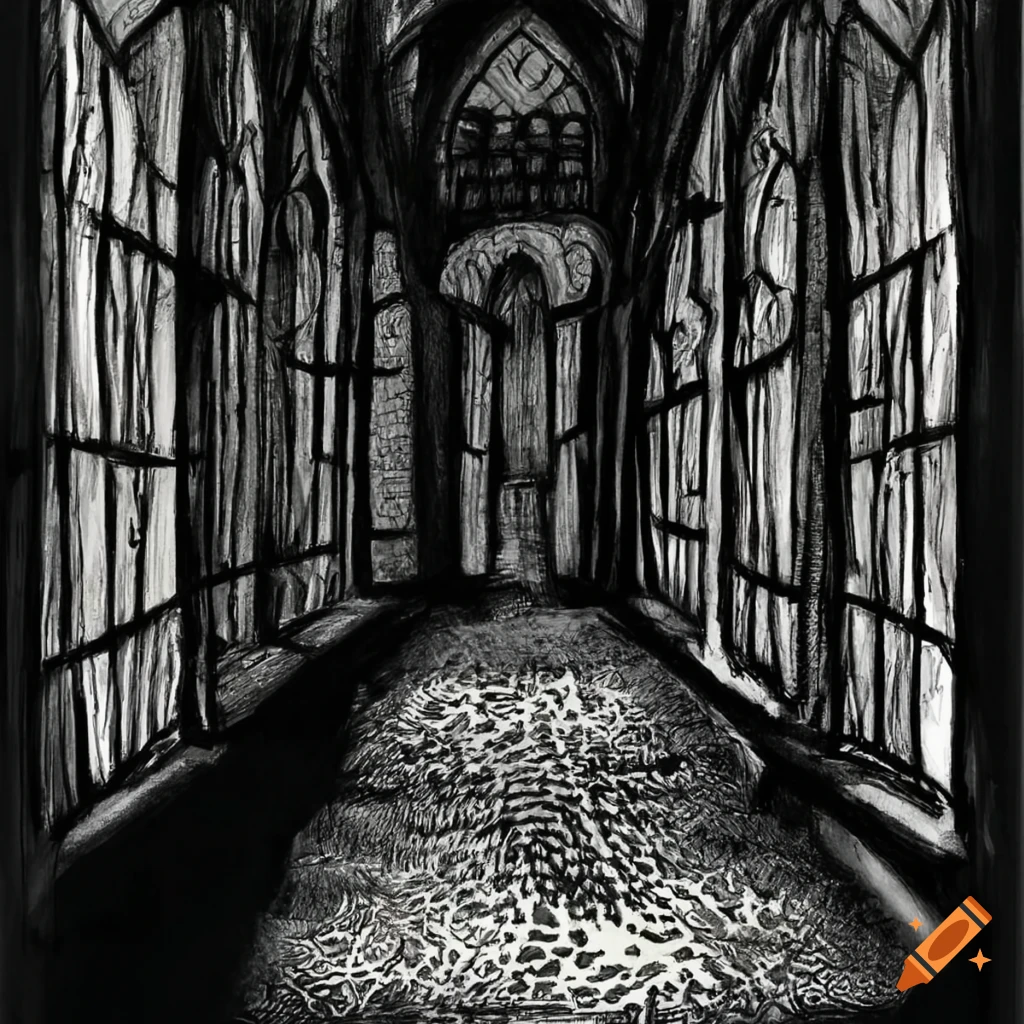 Black and white medieval mansion entrance hall drawing done with charcoal