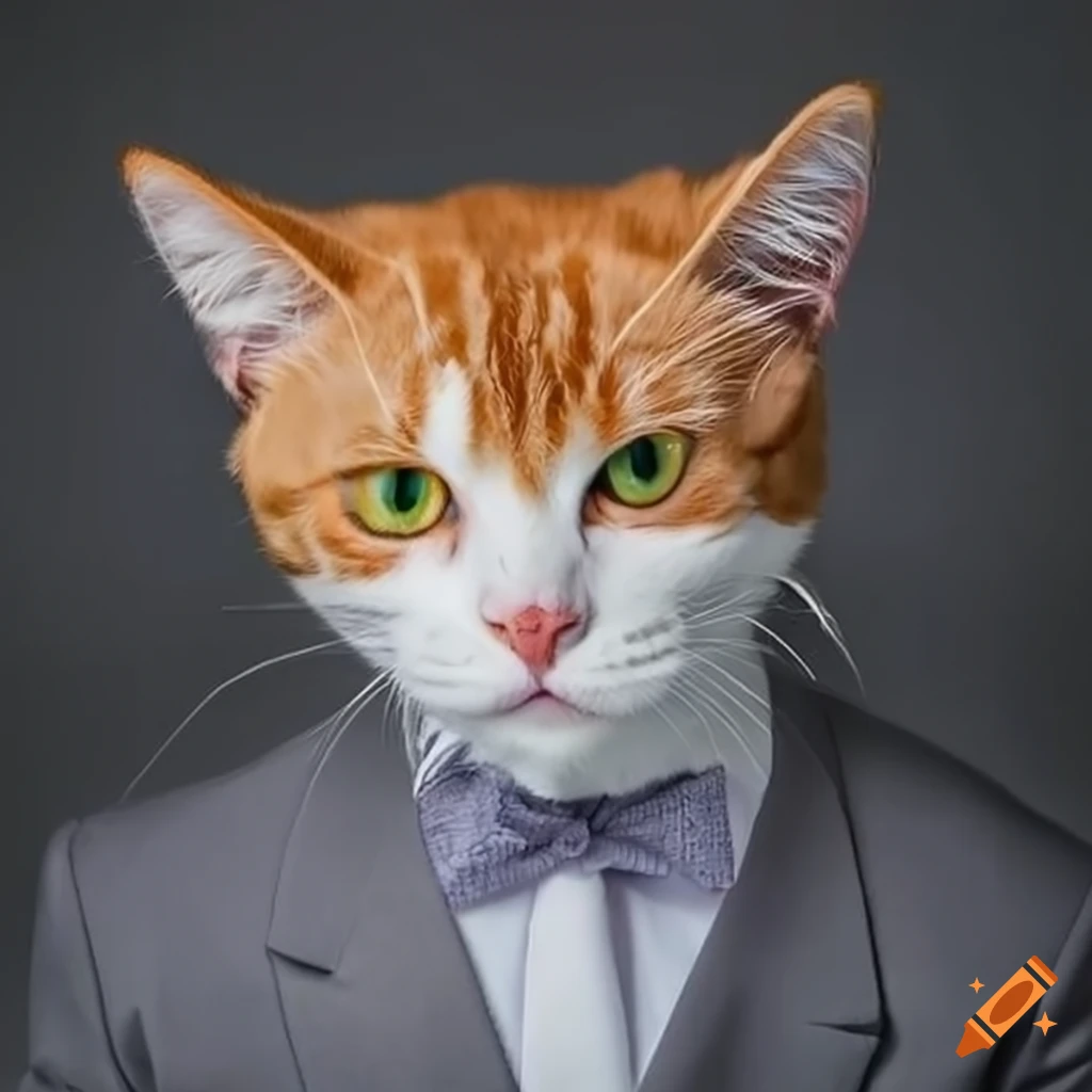 White & orange cat human wearing suit jacket