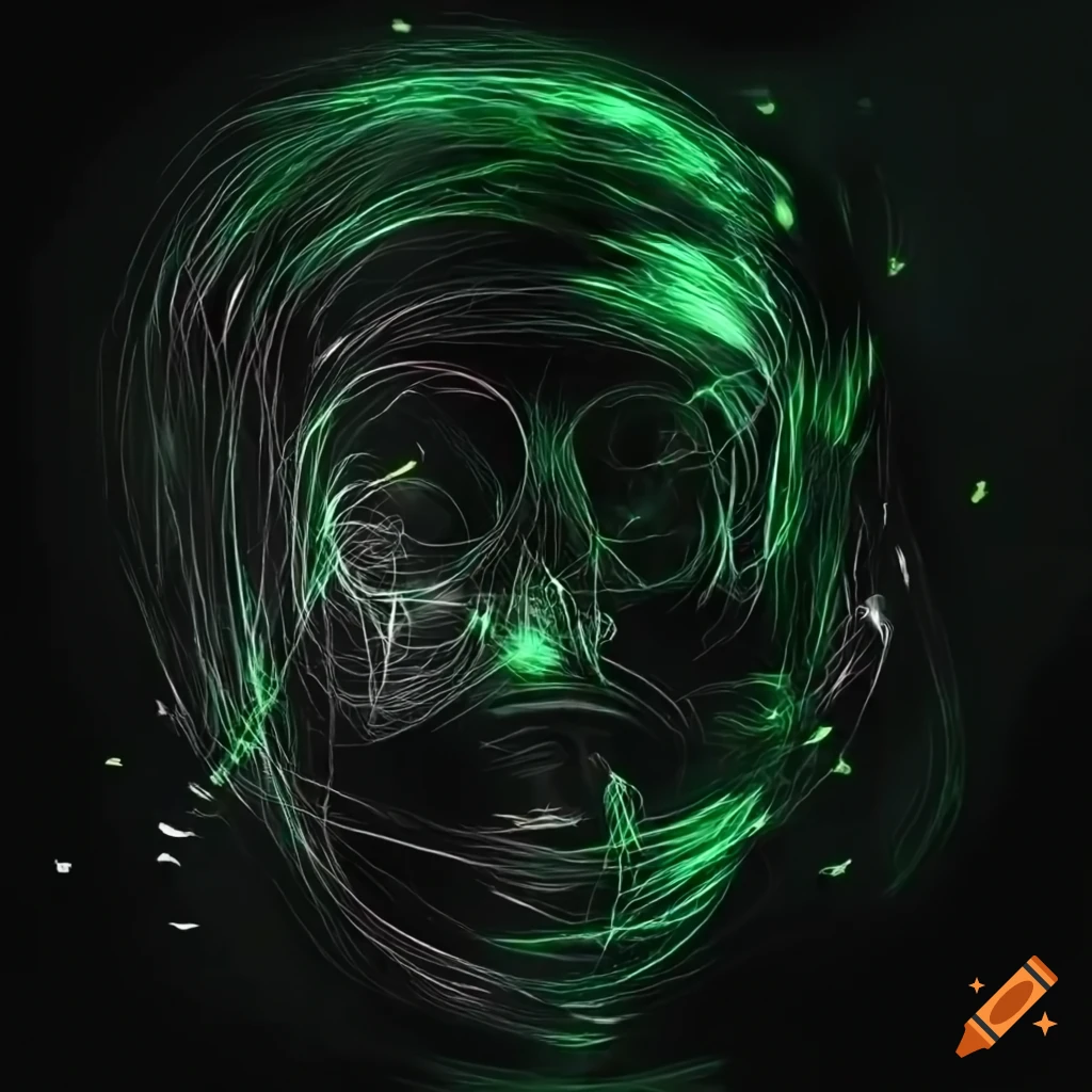 A black void with glowing green wireframes depicting a real-world scene ...