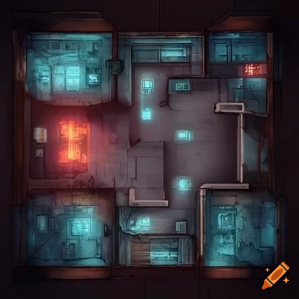 Create a top view map for TTRPG CyberpunkRED. It should be an empty ...