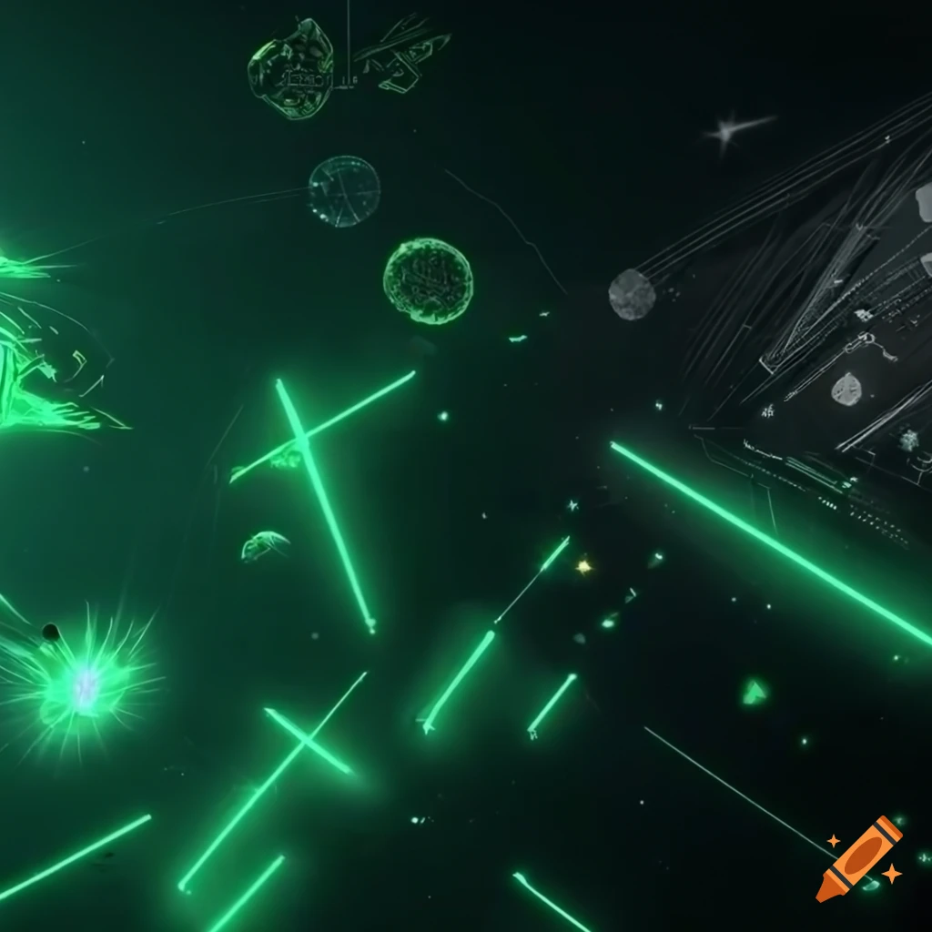 A black void featuring a glowing green wireframe depiction of space battle