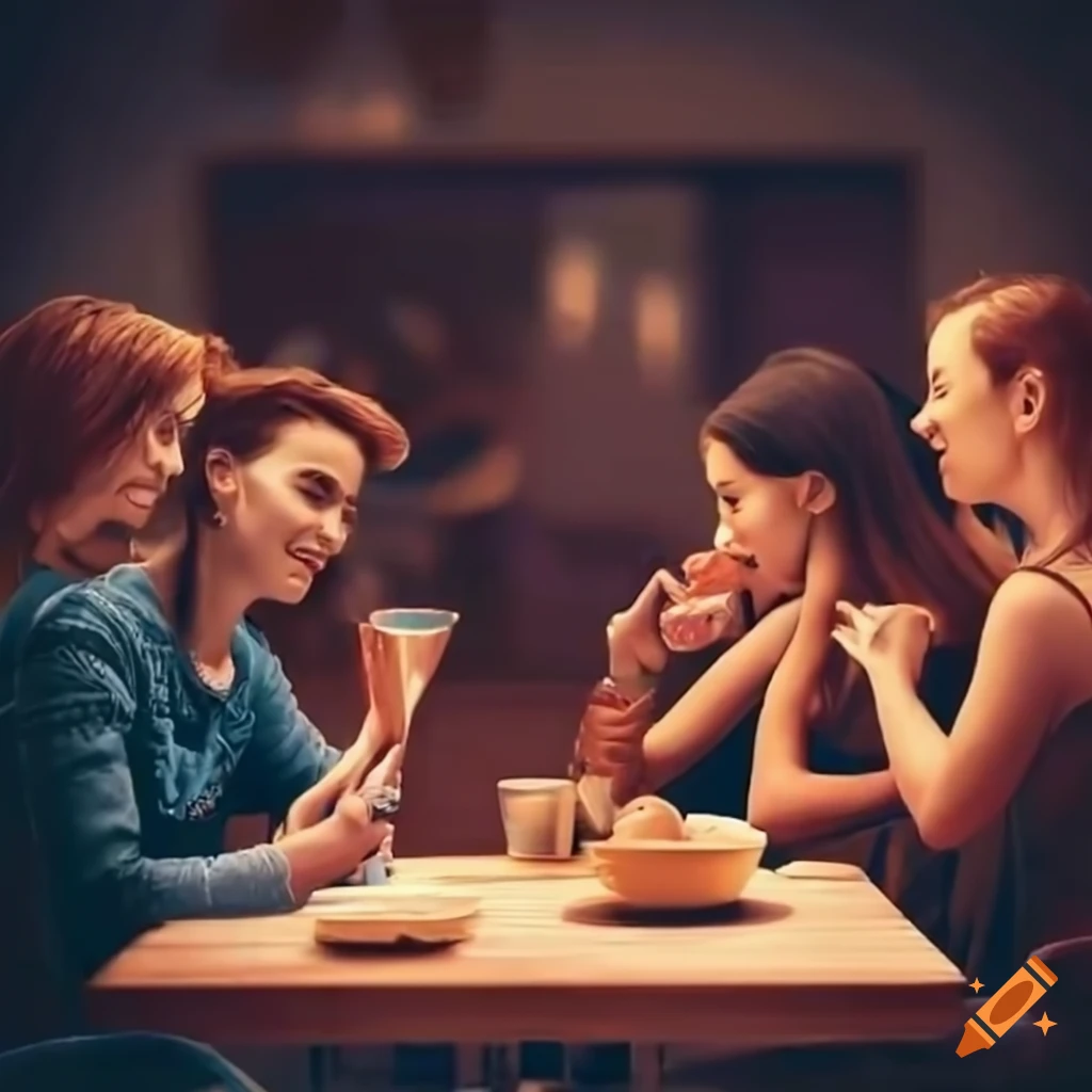 Four friends in a lively conversation at a cozy cafe on Craiyon
