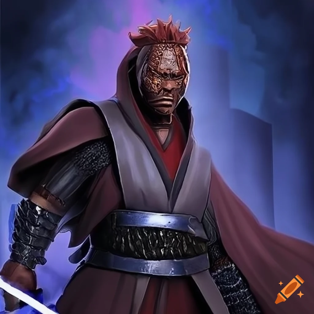 Akuma fusion Mace Windu as blue armor templar knight with sword on Craiyon