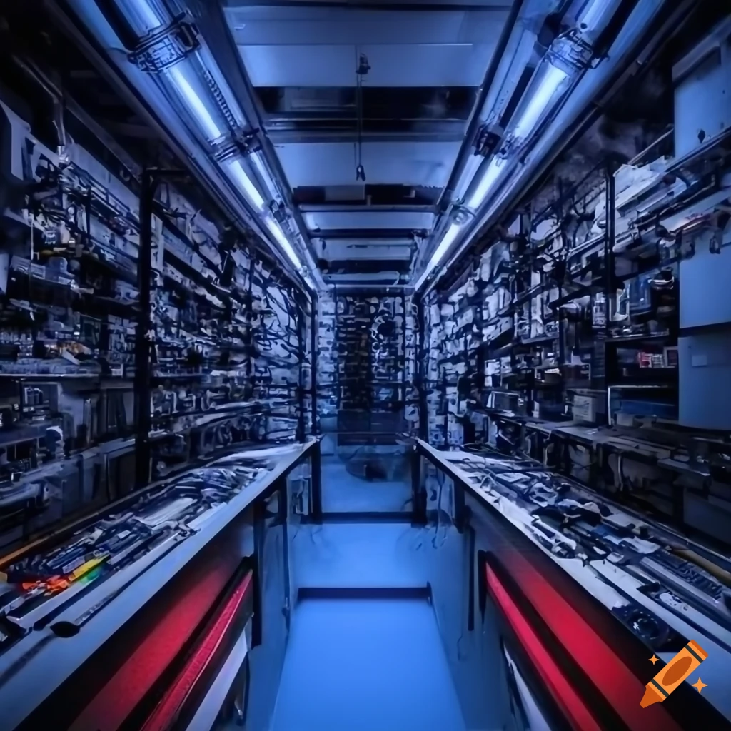 Underground lab with a lots of informatics machines, hardwares towers ...