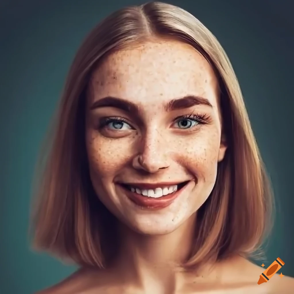 Beautiful young woman delicate freckles cheerful smile
