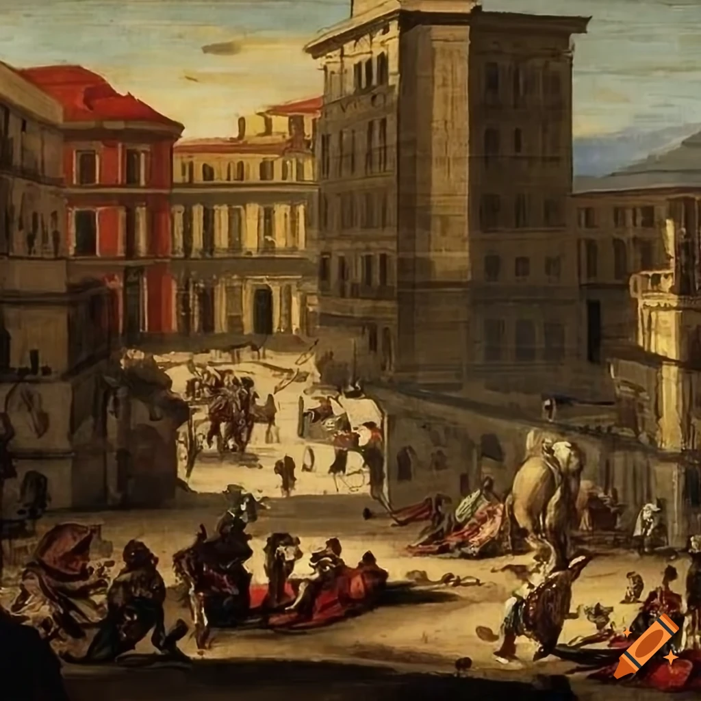 Piazza Mercatello in Naples during the plague of 1656, painting by ...