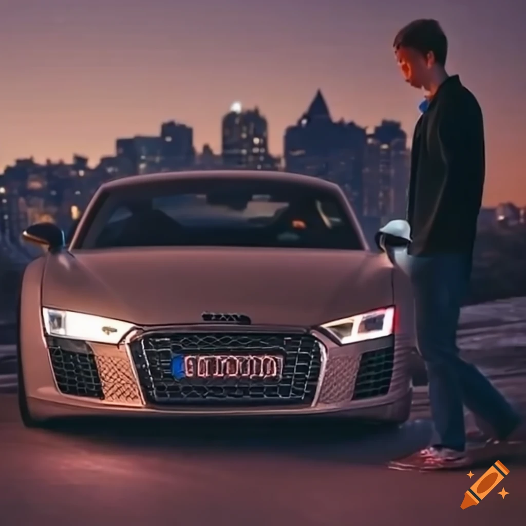 Young man stood next to the hood of a audi r8 overlooking city wide ...