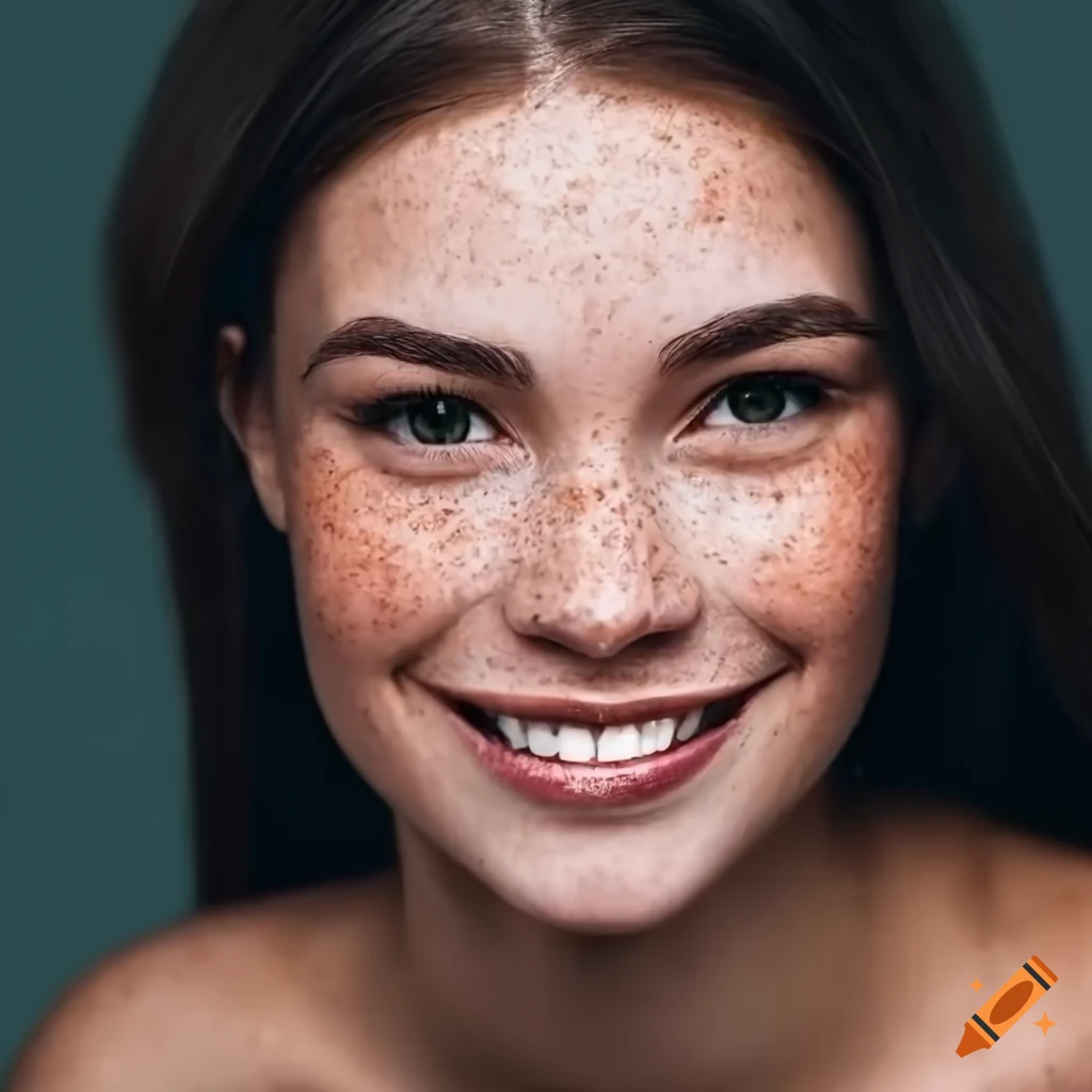 Beautiful young woman delicate freckles cheerful smile dark hair on Craiyon