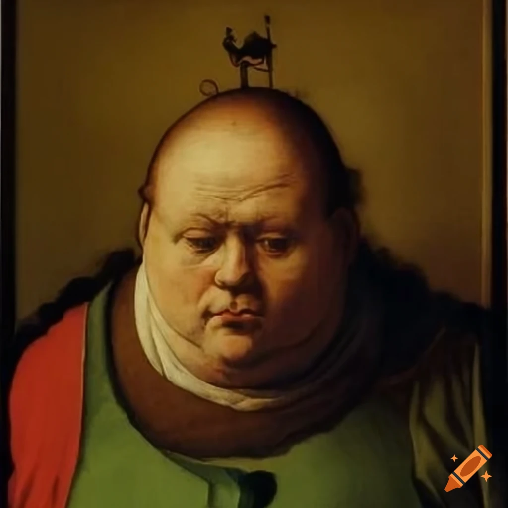 Fat man tightrope walker with green-gold overalls, balancing on the ...