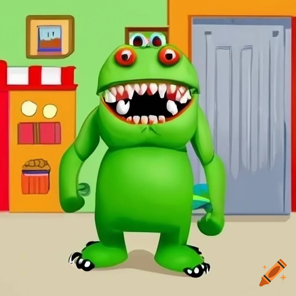 Big tall green monster with a big round head and bulgy black eyes with ...