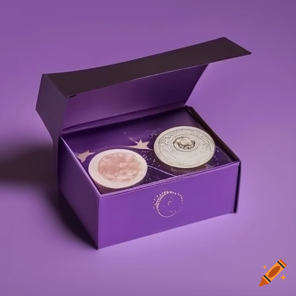 Purple packaging box with celestial sun and moon design for eclipse ...