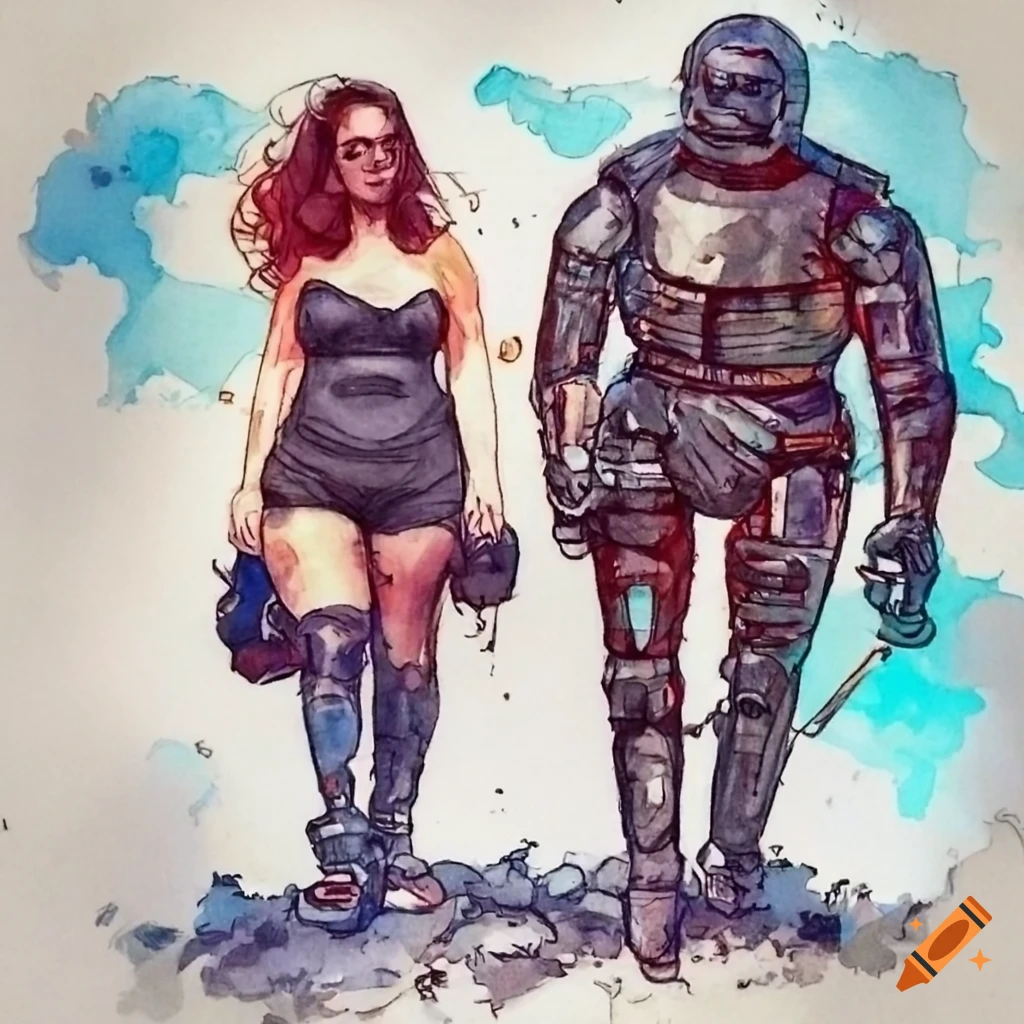 2 figures. Woman and metal man. Robot man Katsuhiro otomo pencil ...