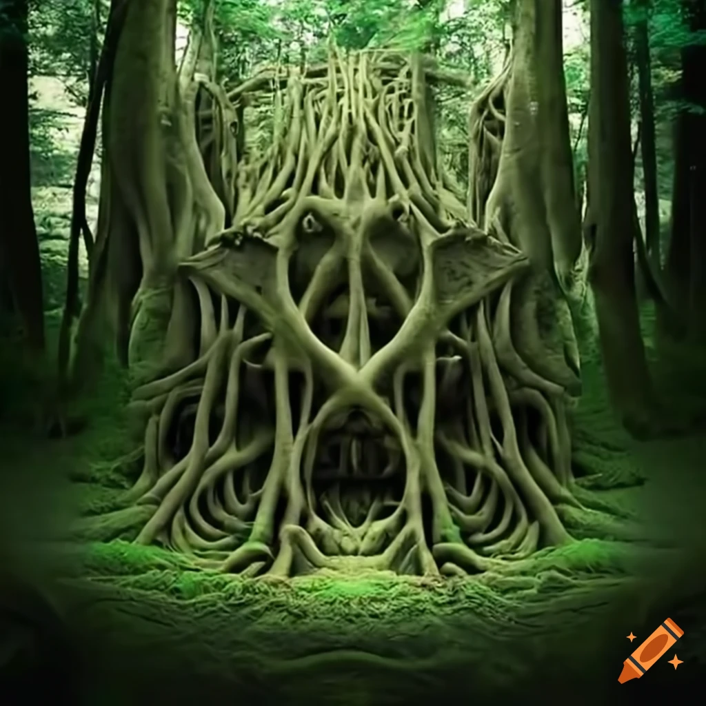 Building made of roots in forest