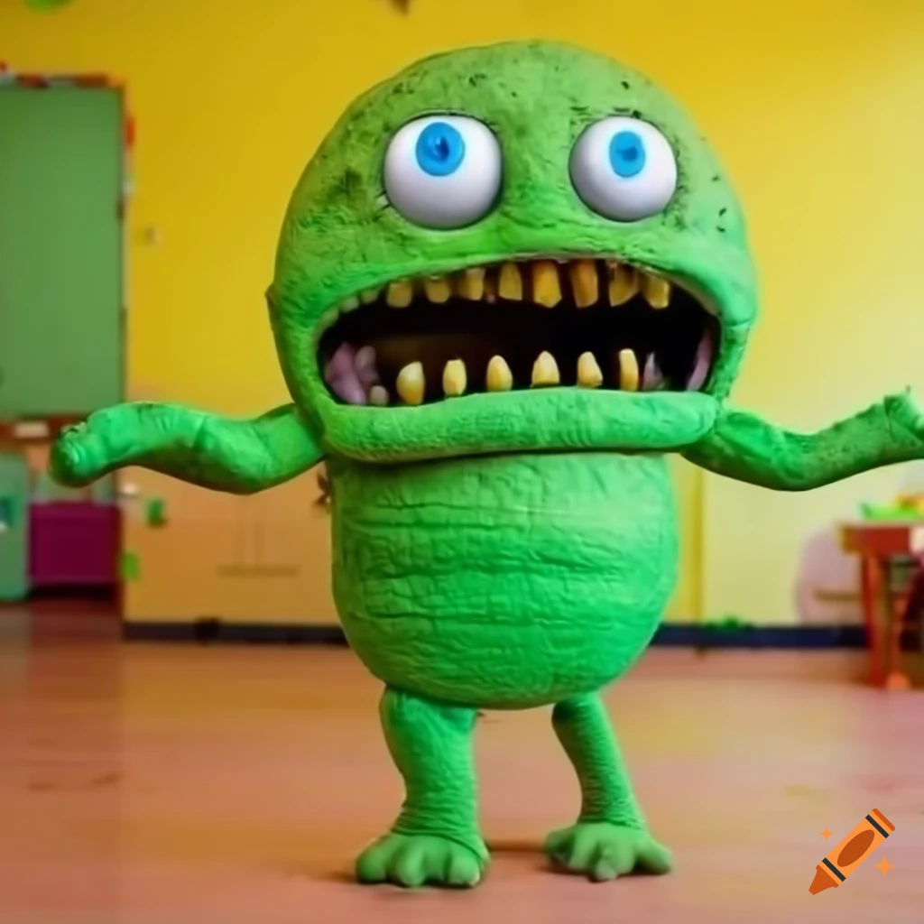 Big green monster with a big round head and bulgy black eyes with an ...