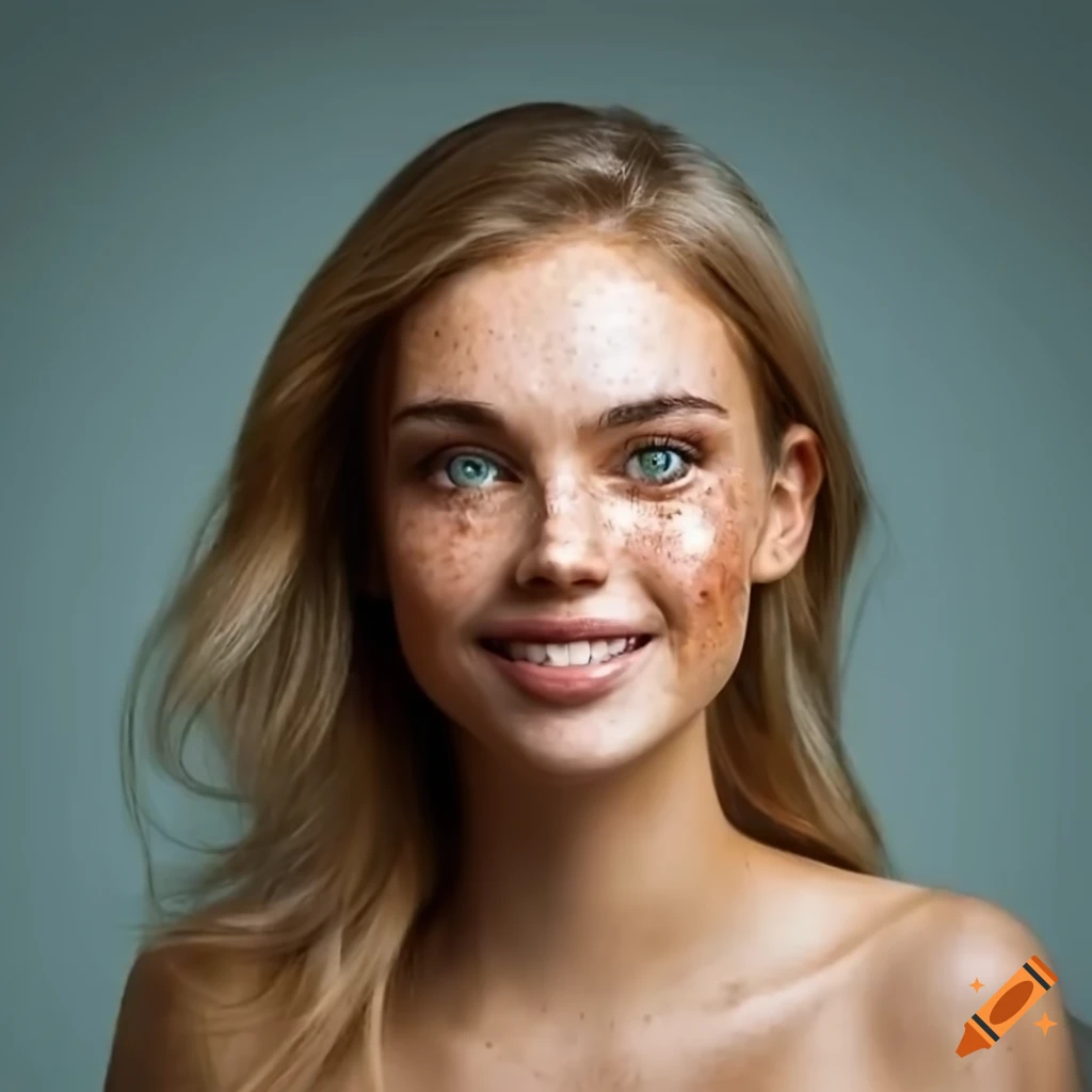 Beautiful young woman delicate freckles cheerful smile dark blonde hair