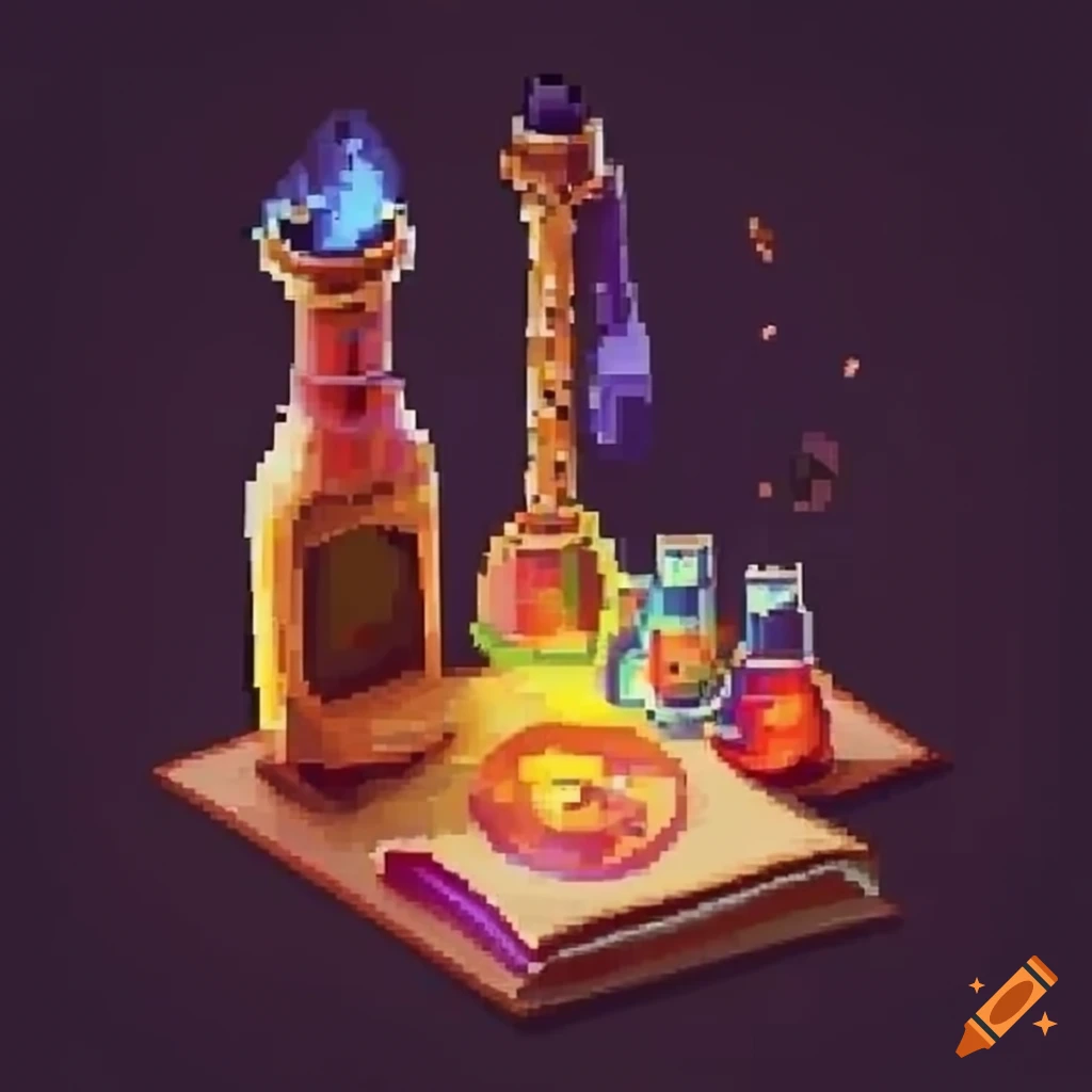 Pixel art isometric alchemy lab detailed with magic potions, tools and ...