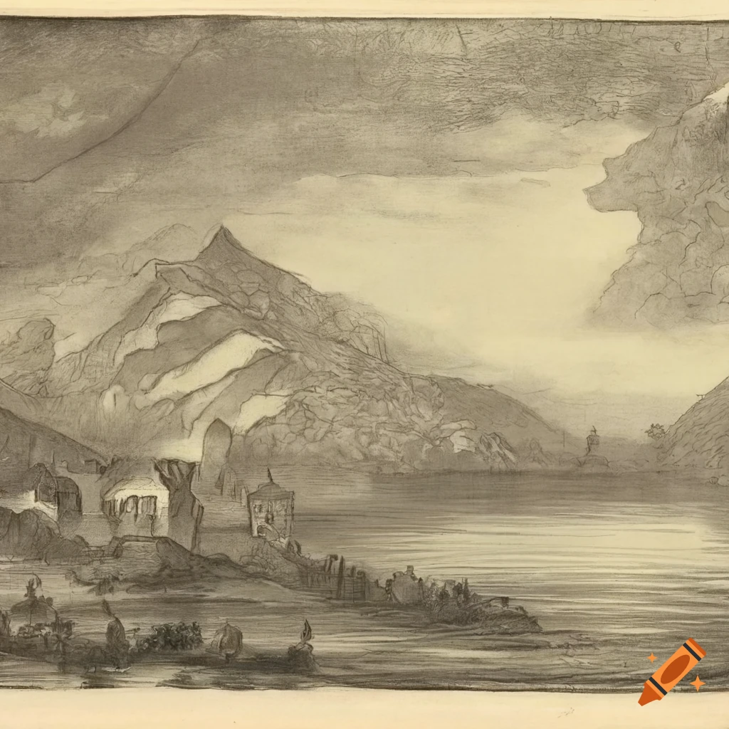 A medieval fantastic landscape, with a lake at center, lots of forests ...