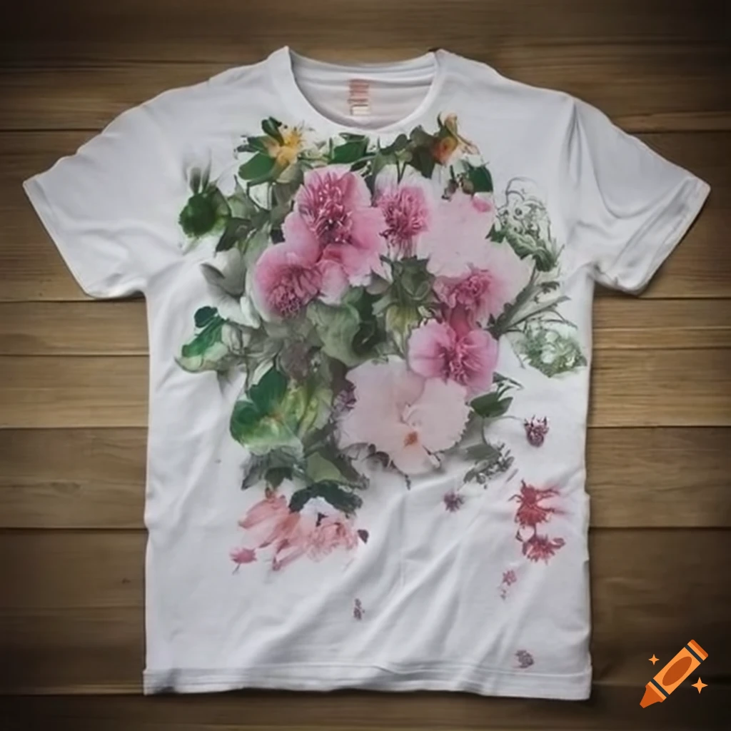 A white t-shirts with a flower printed on on Craiyon