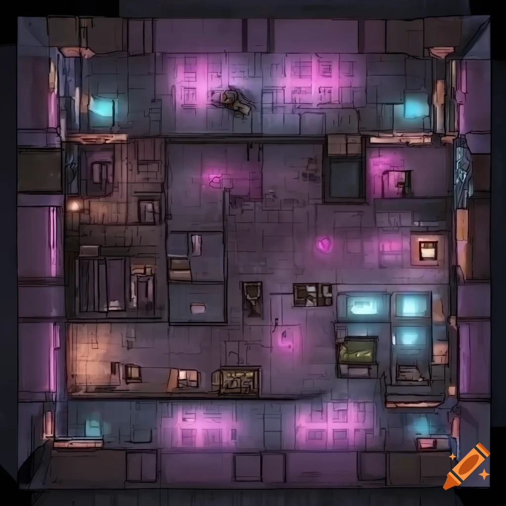 Create a top view map for TTRPG CyberpunkRED. It should be an empty ...